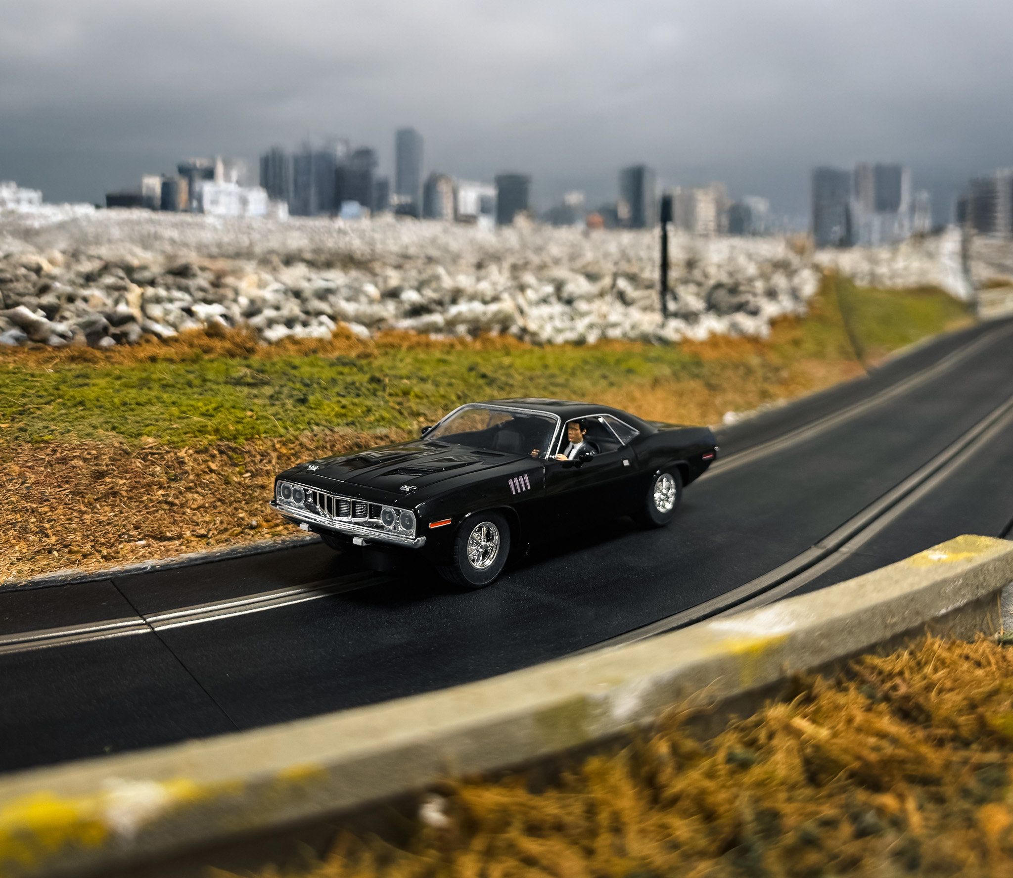 Car-fu action with the Scalextric John Wick Plymouth Barracuda
