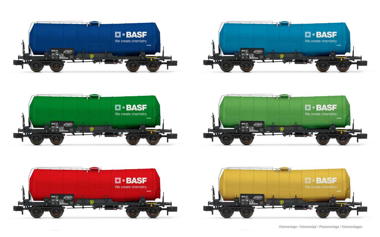 HN6541 D-BASF, 6-unit display of tank wagons, different liveries, period VI