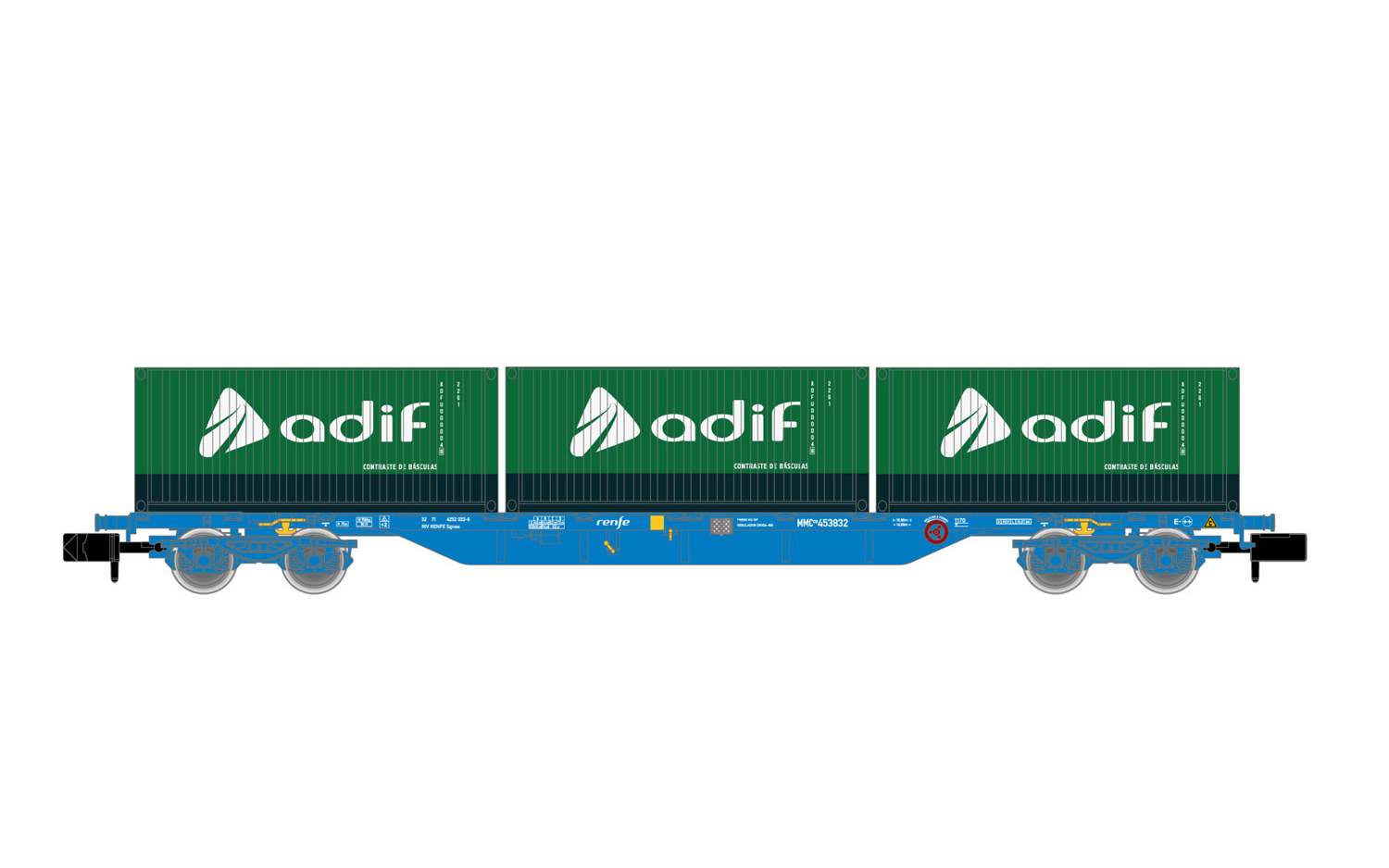 HN6651 RENFE, 4-axle container wagon, loaded with 3 x 20' ADIF ...